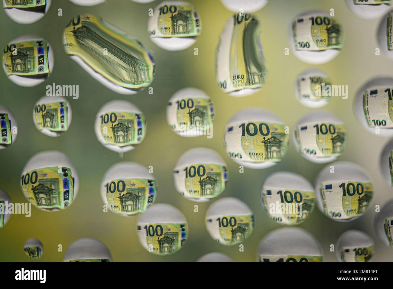 Reflection of euro banknotes in water drops pictured in Zagreb, Croatia ...