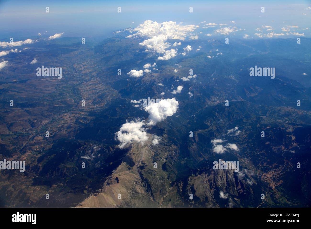 View from aeroplane window of French Pyrenees mountains with ...