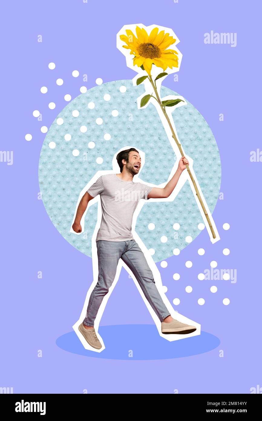 Vertical collage picture of overjoyed positive guy jumping arm hold big ... Vertical collage picture of overjoyed positive guy jumping arm hold big ...