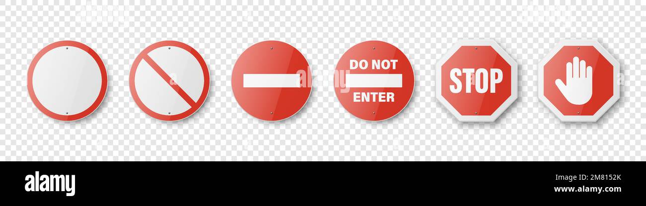 Vector White and Red Glossy Prohibition Stop Signs - Warning, Danger ...