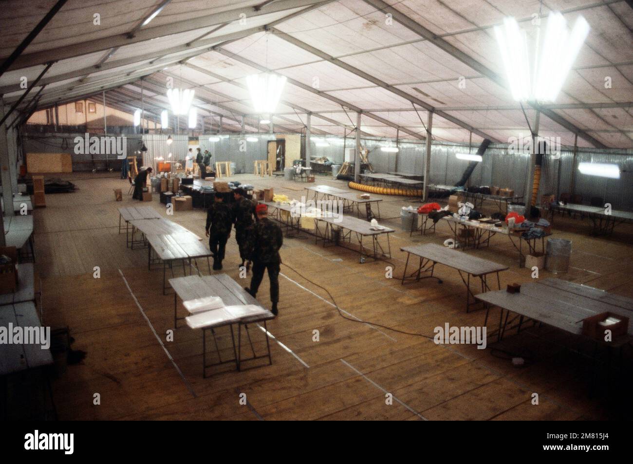 An interior view of the processing center being set up for Marine ...