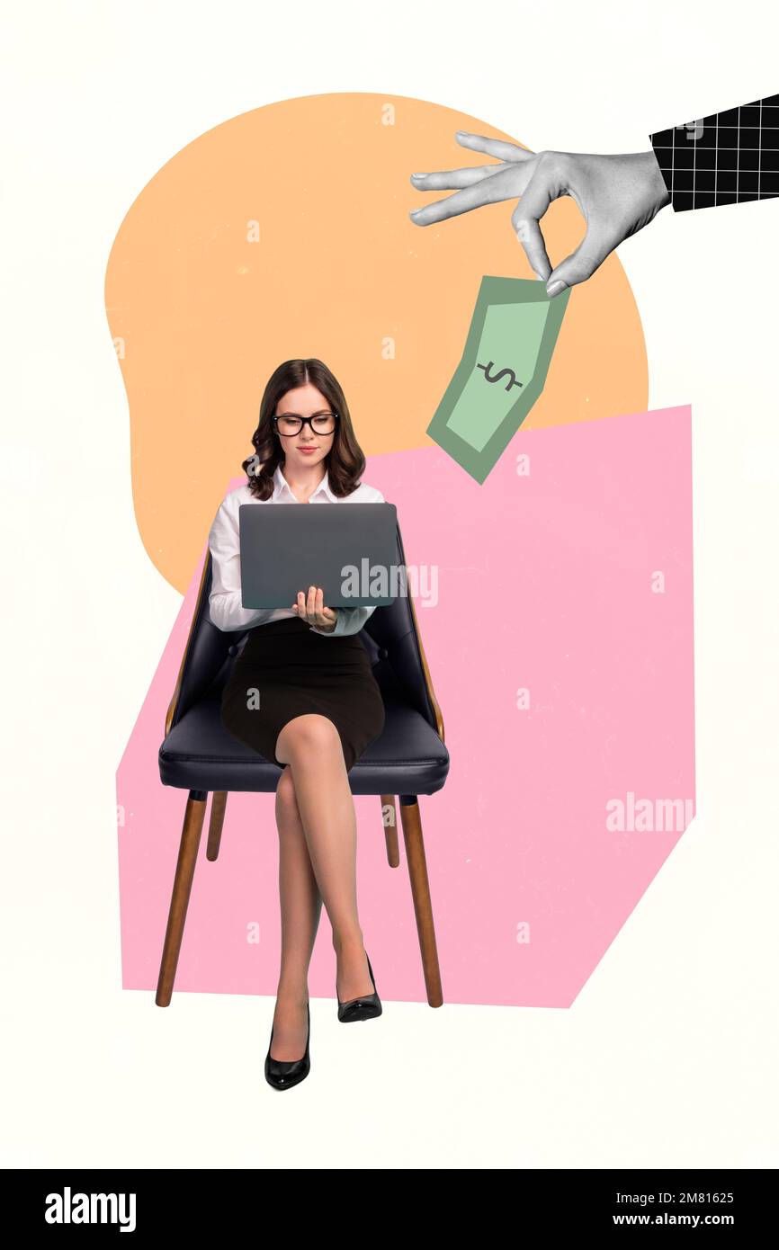 Vertical collage of successful young banking manager woman sit comfort ...