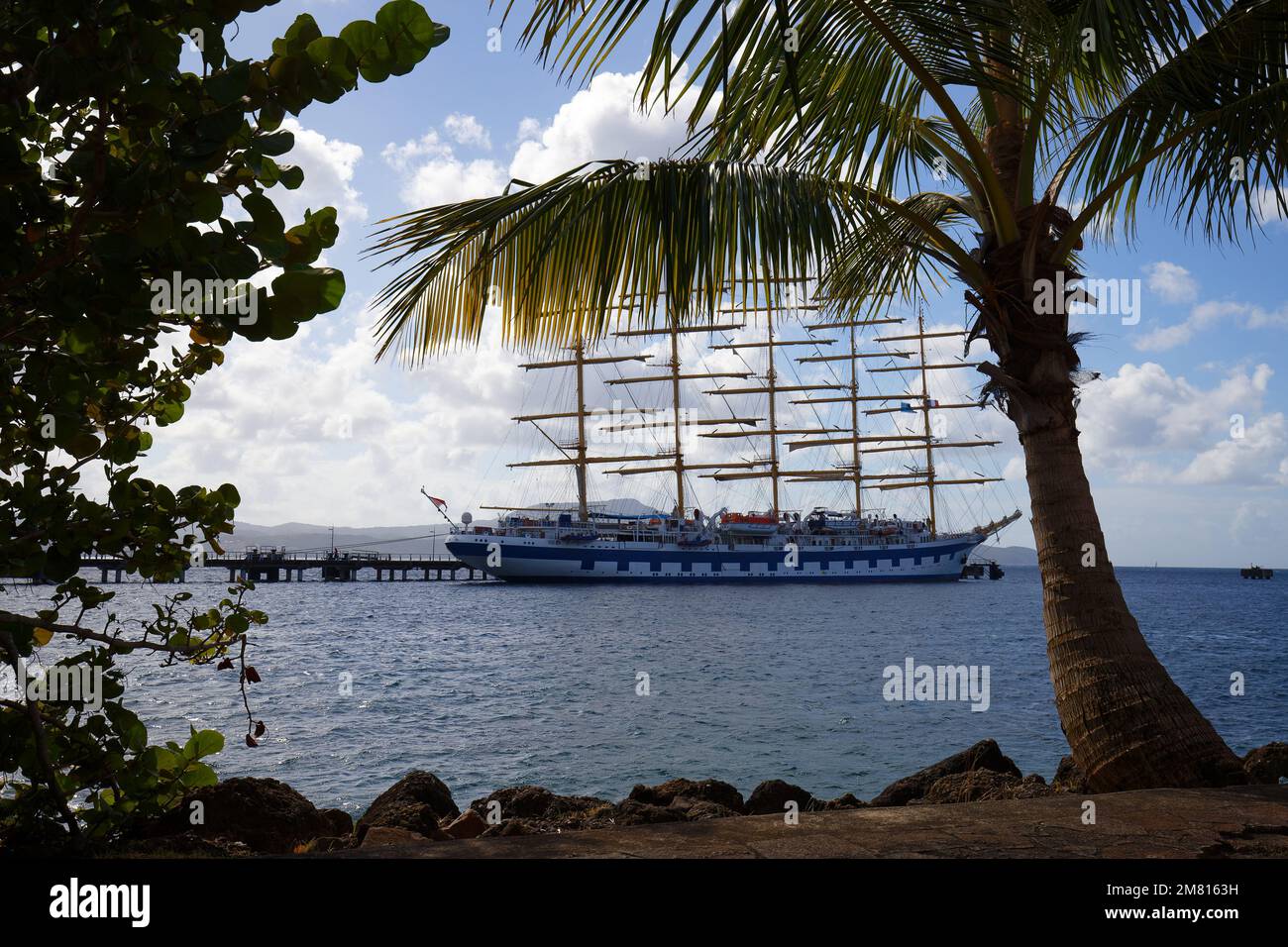 The view of ancient five -mast clipper ship in caribbean sea ...