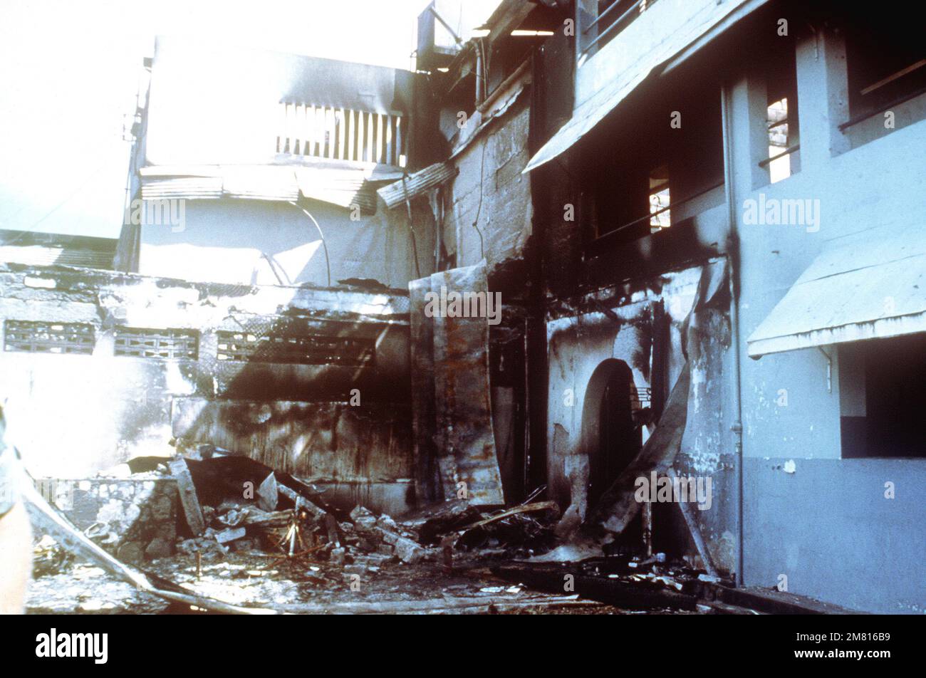A view of damage sustained at Fort George during Operation Urgent Fury ...