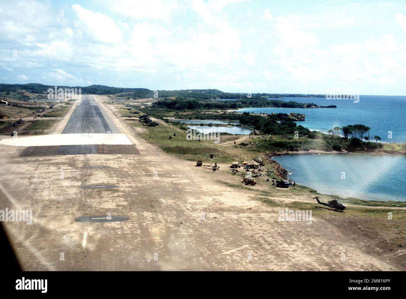 Aerial view of the runway as seen from an approaching aircraft during ...