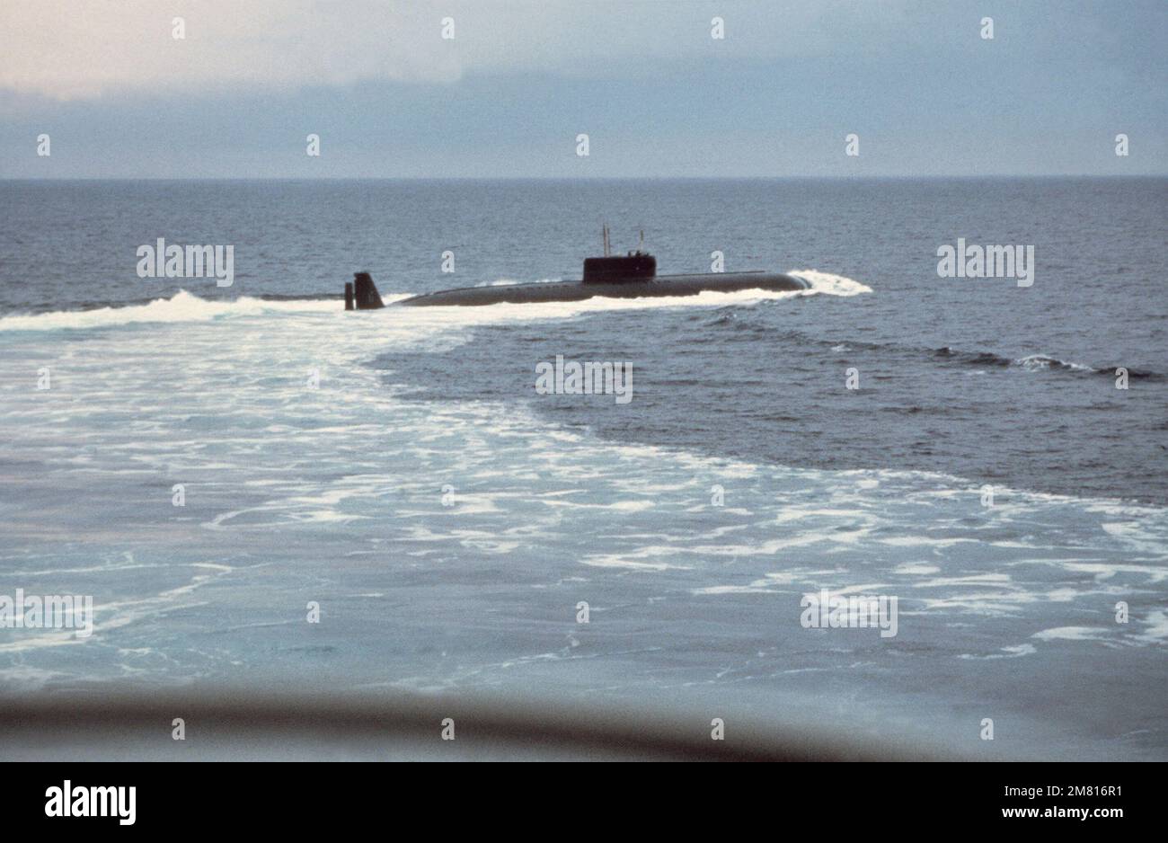 A starboard quarter view of a Soviet Papa class nuclear-powered cruise ...