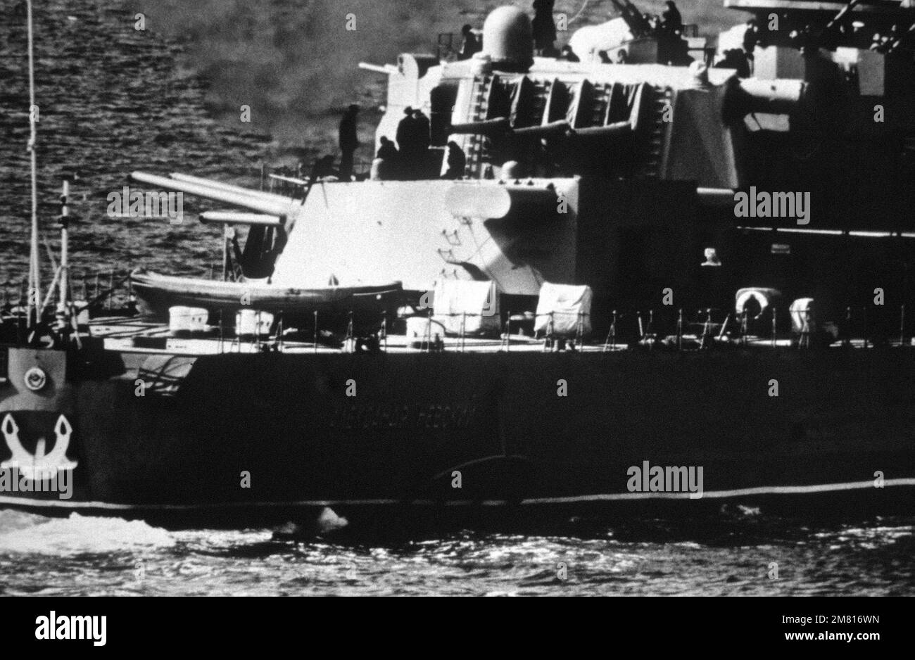 A starboard quarter view of the aft section of a Soviet Sverdlov class ...