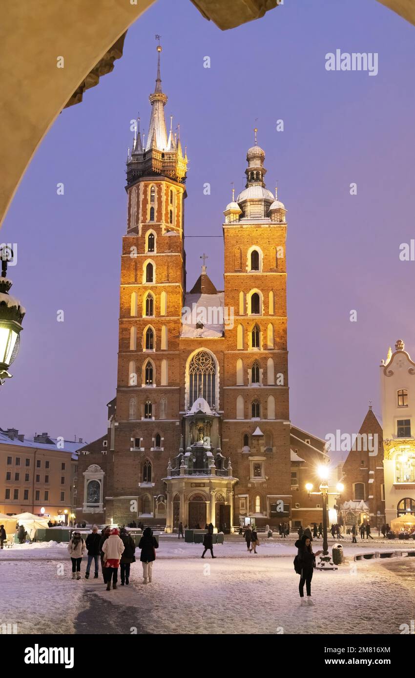 St Marys Church Krakow lit at night; Krakow Main market square UNESCO ...