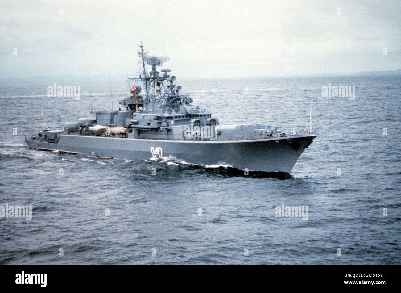A starboard bow view of a Soviet Krivak II class frigate REZVY (FFG 942 ...