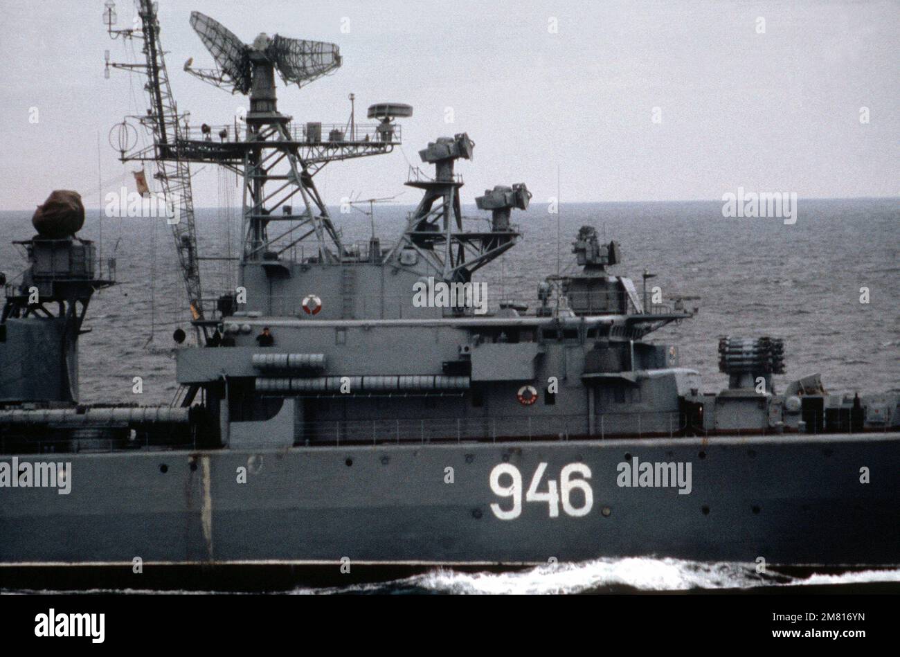 A starboard beam amidships view of a Soviet Krivak II class frigate 946 ...