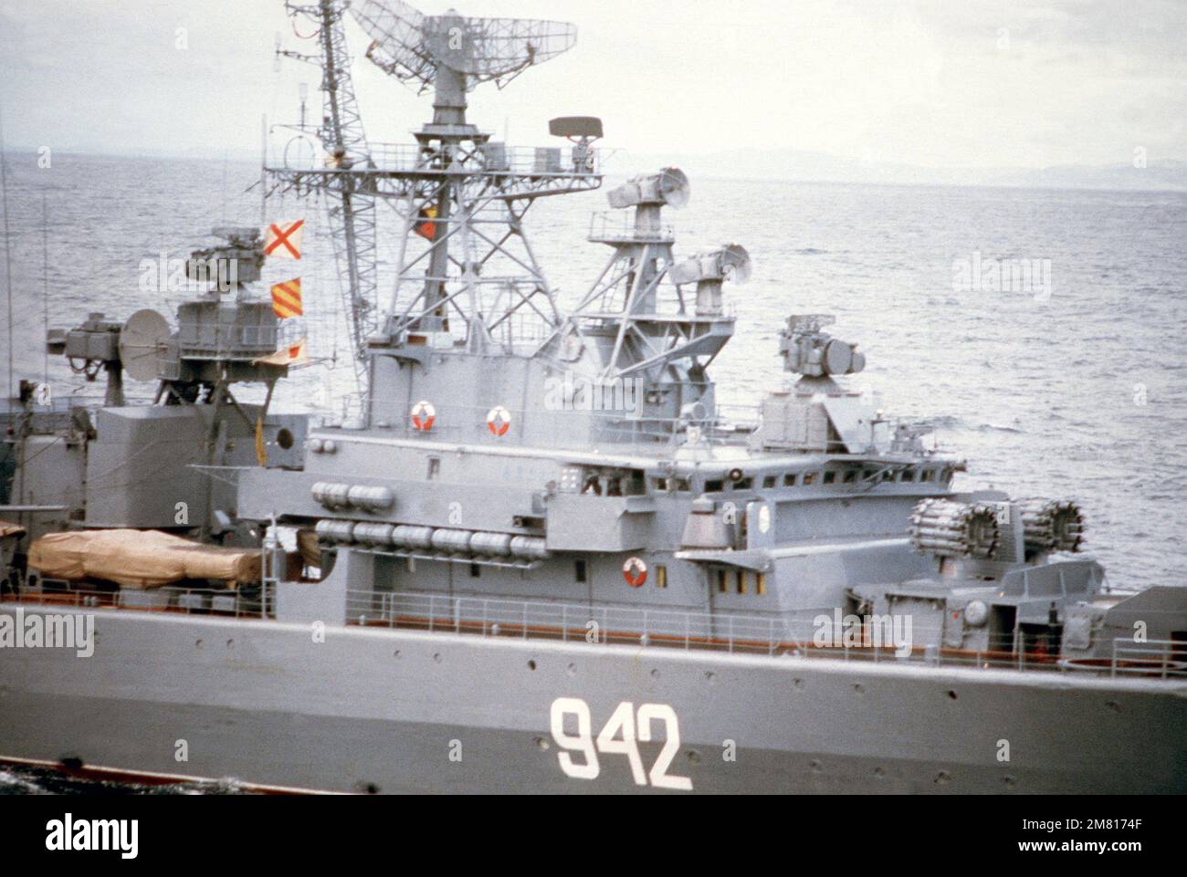 A starboard (amidships) view of the Soviet "Krivak II" class guided ...