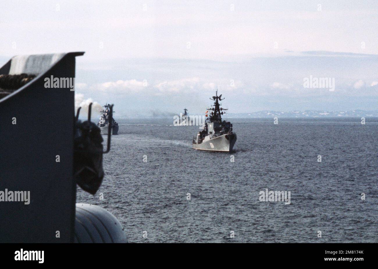 A starboard bow view of three Soviet "Kanin" class guided missile ...