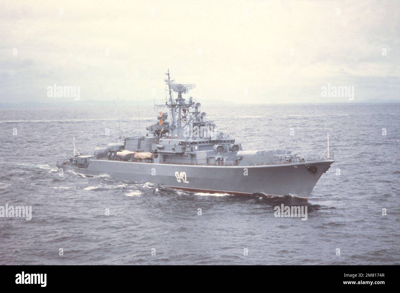 A starboard bow view of the Soviet Krivak II class guided missile ...