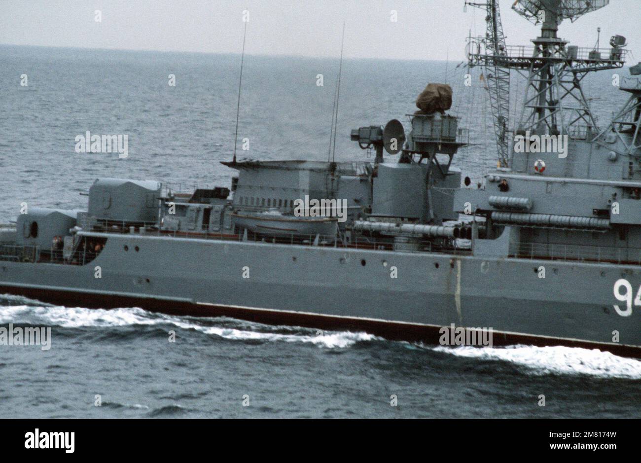 A starboard (amidships) view of the Soviet "Krivak II" class guided ...
