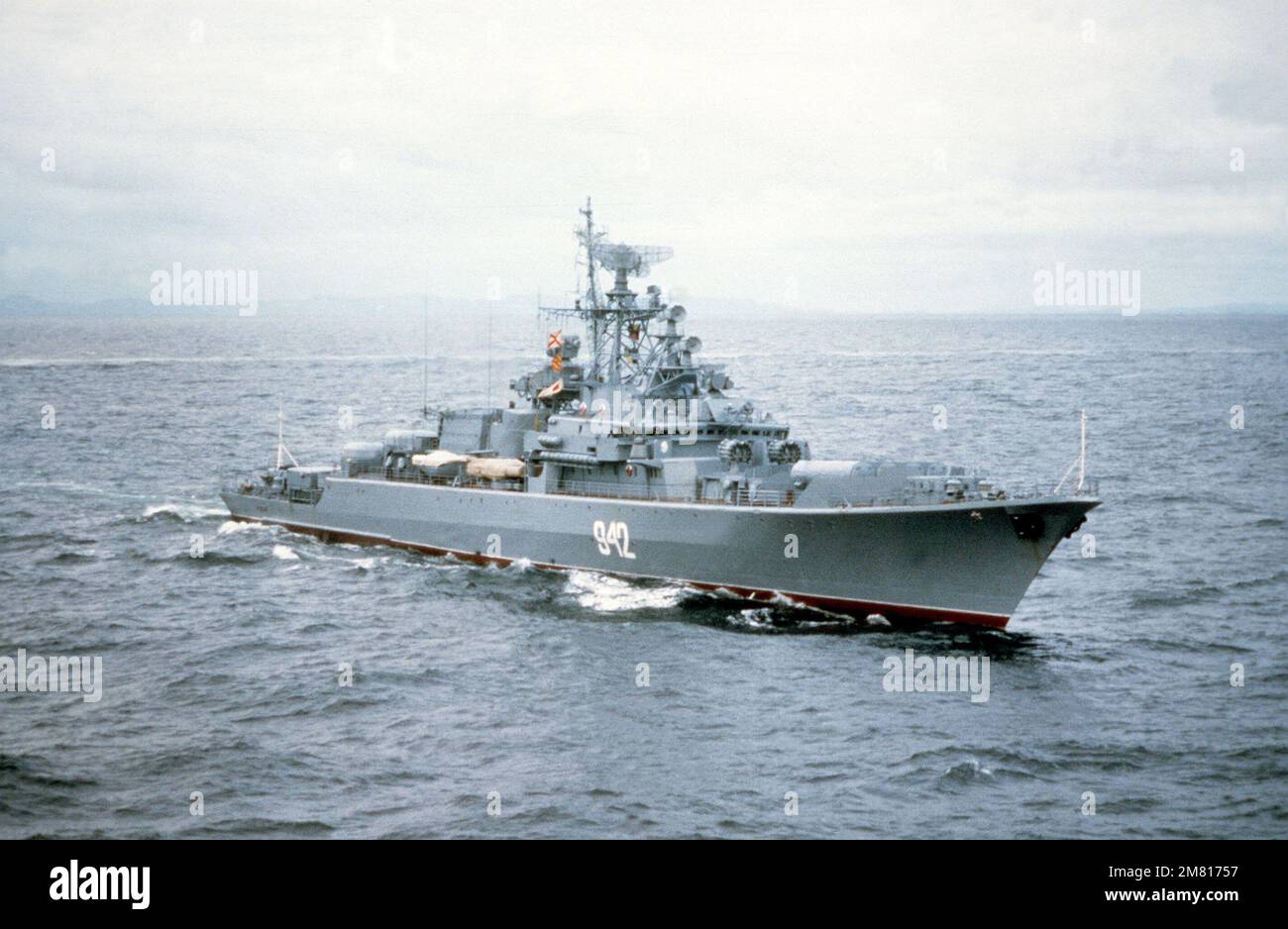 A starboard bow view of the Soviet Krivak II class guided missile ...