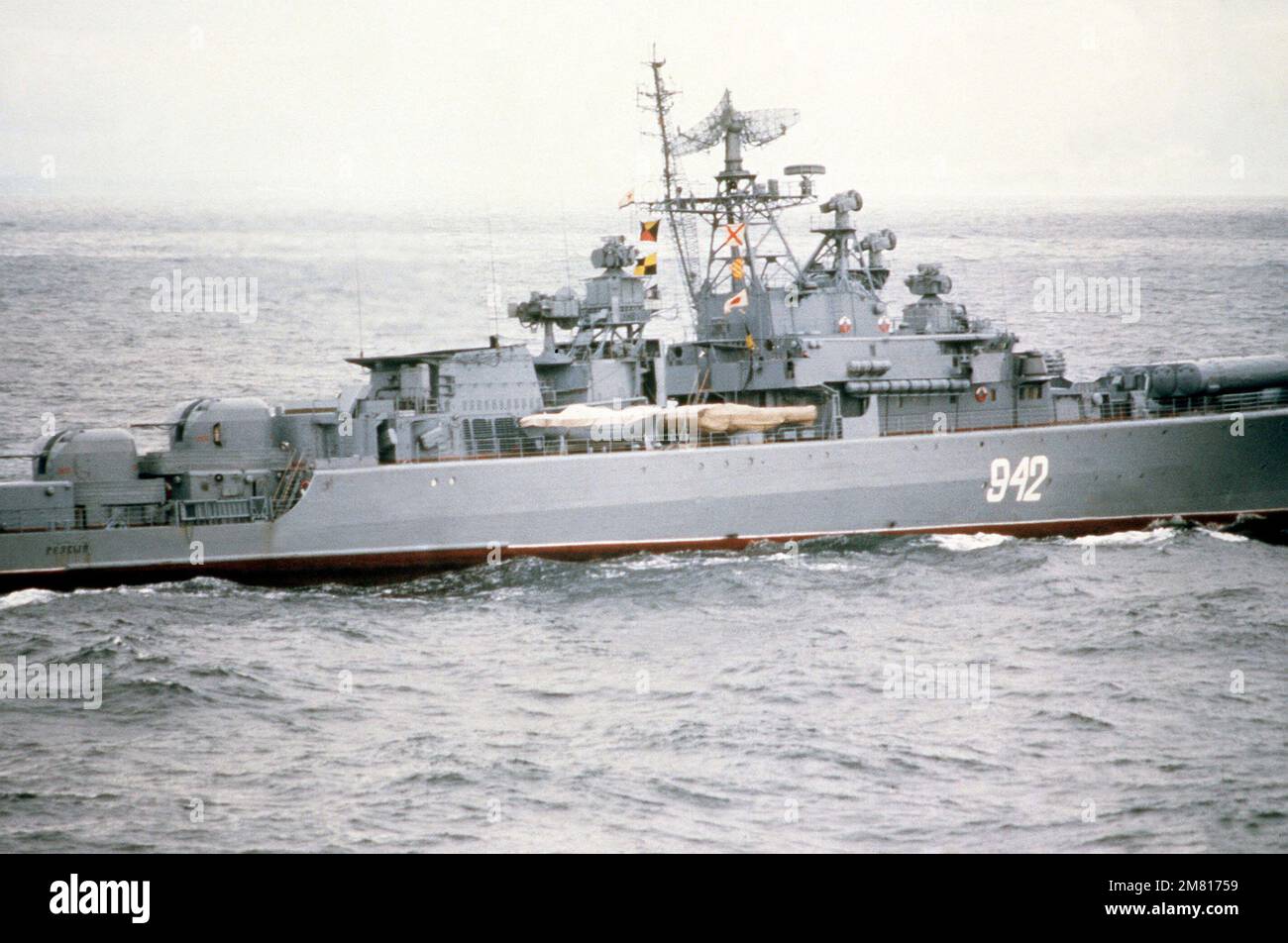 A starboard beam view of the Soviet Krivak II class guided missile ...