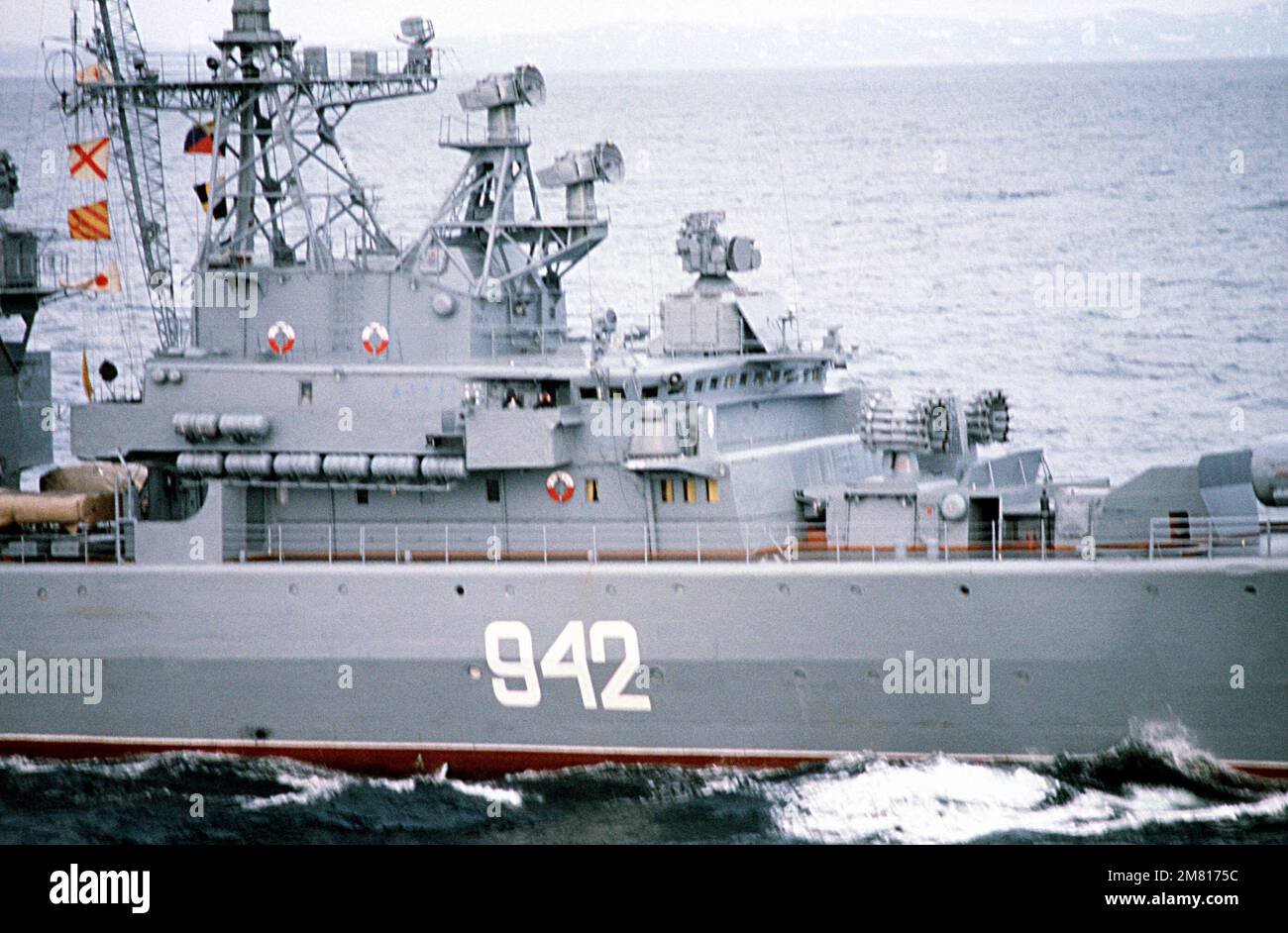 A starboard side (amidships) view of the Soviet "KRIVAK II" class ...