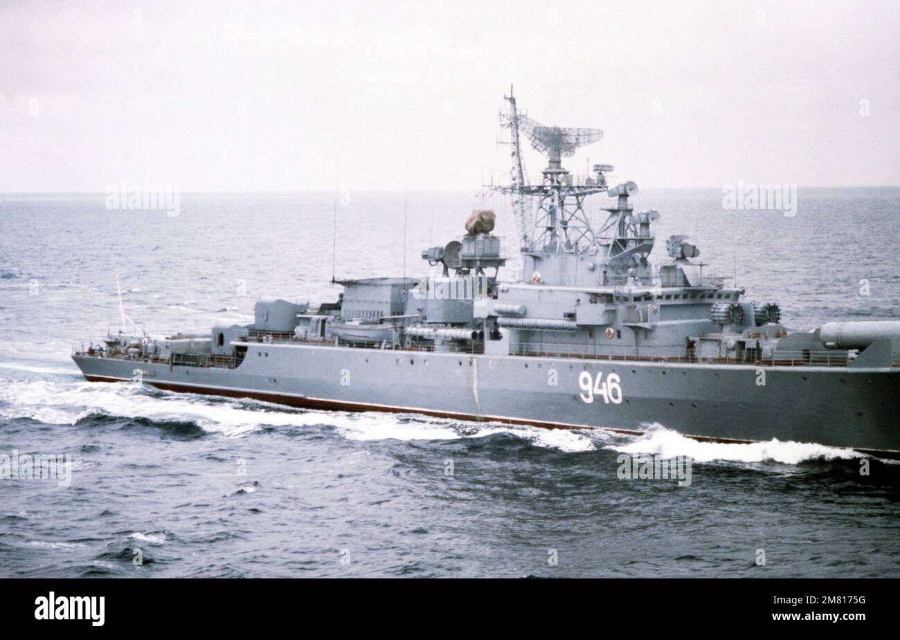 A starboard bow view of the Soviet "Krivak II" class guided missile ...