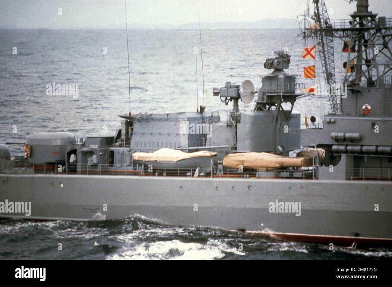 A starboard amidships view of the Soviet Krivak II class guided missile ...