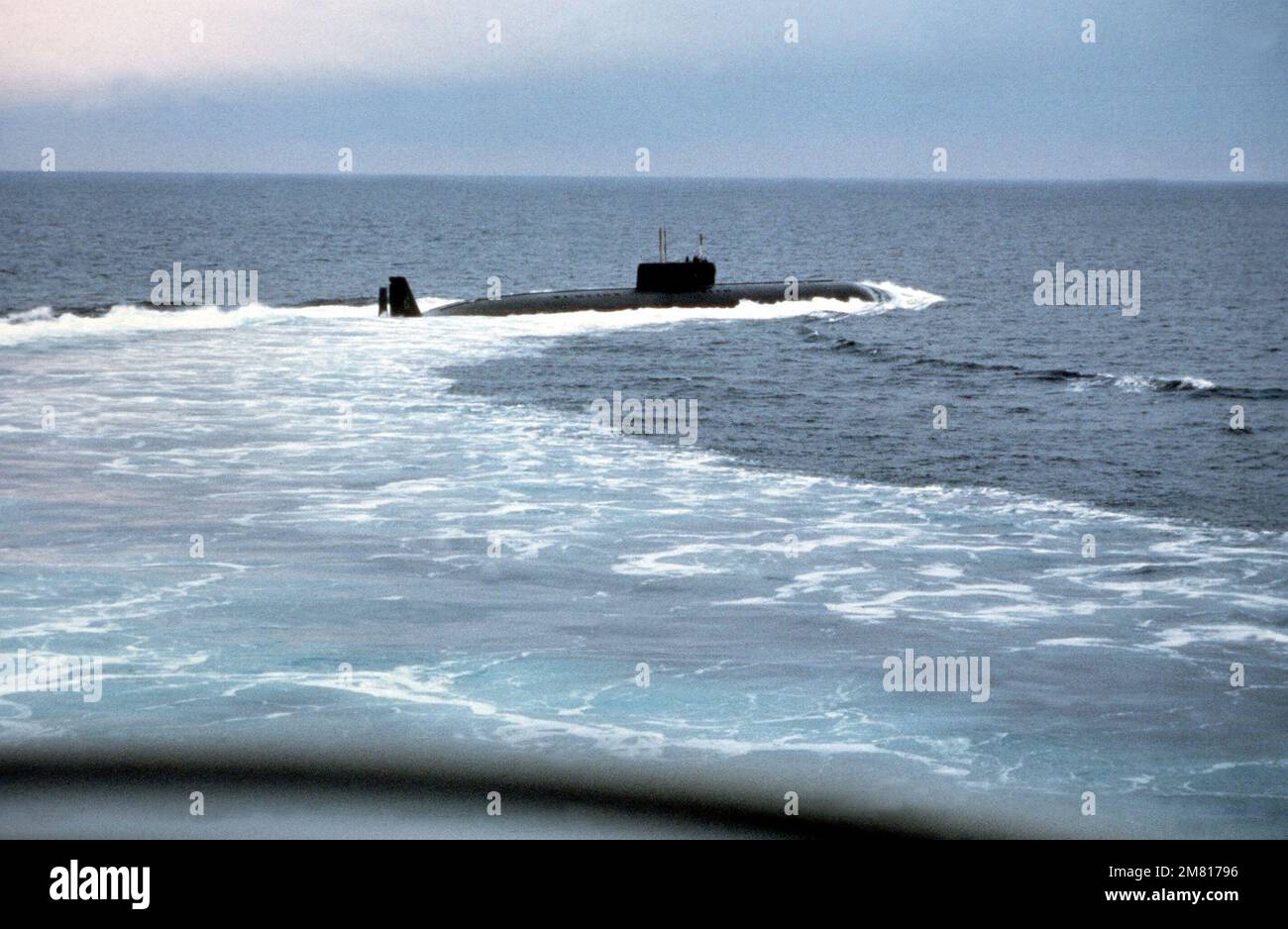 A starboard quarter view of a Soviet Papa class nuclear-powered cruise ...