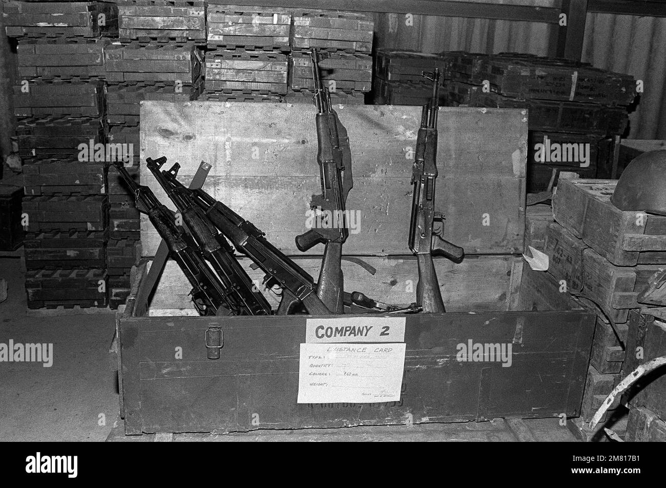 A cache of Soviet AK-47 rifles seized by US military personnel during ...