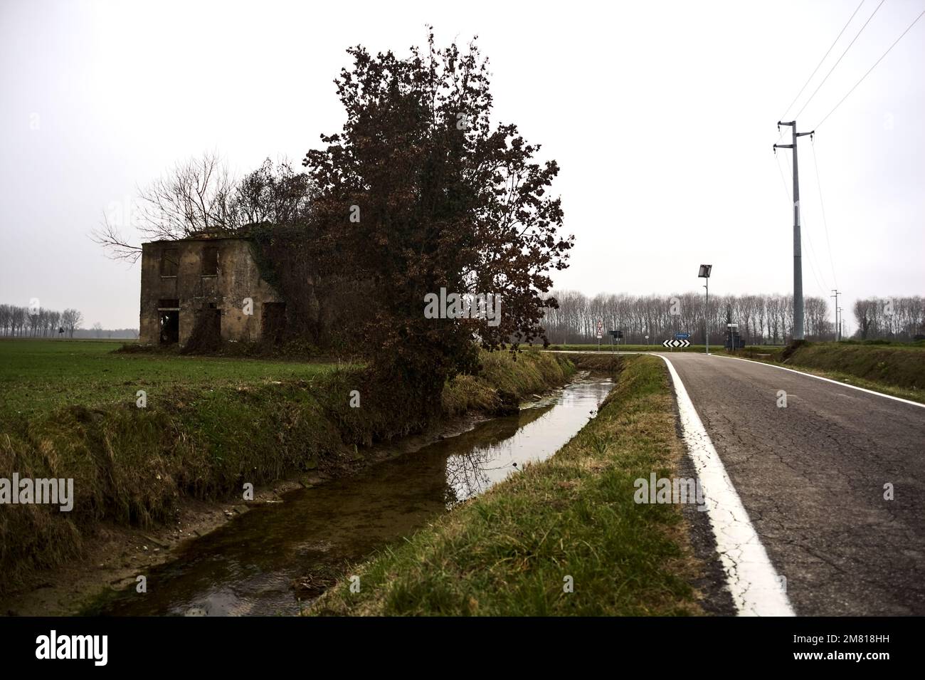Abandoned country house covered by plants in a cultivated field next to ...