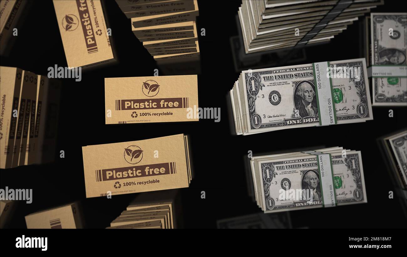 Plastic free and eco friendly box with US Dollar money bundle stacks ...