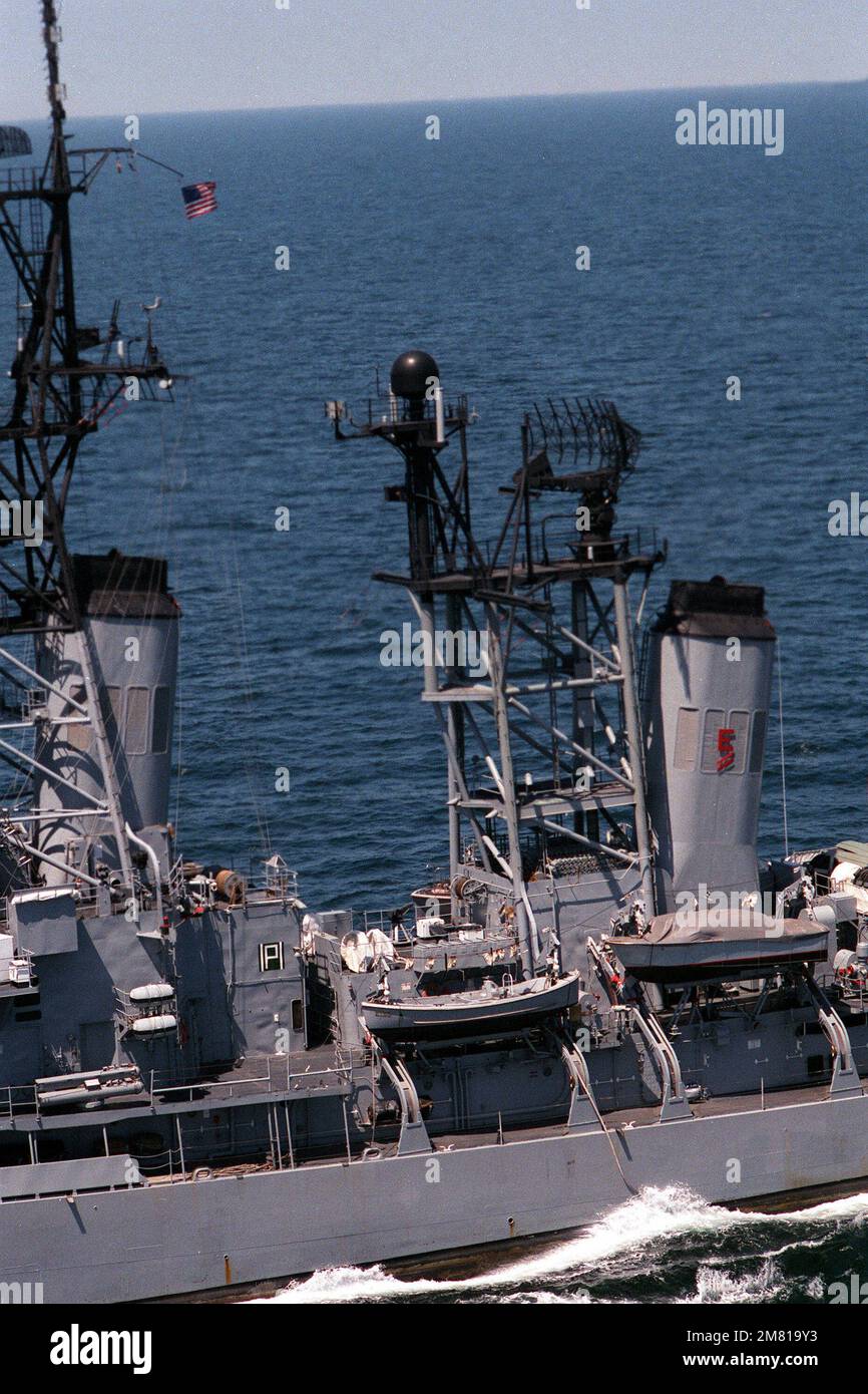 A view of stacks and radar masts on the superstructure of the guided ...