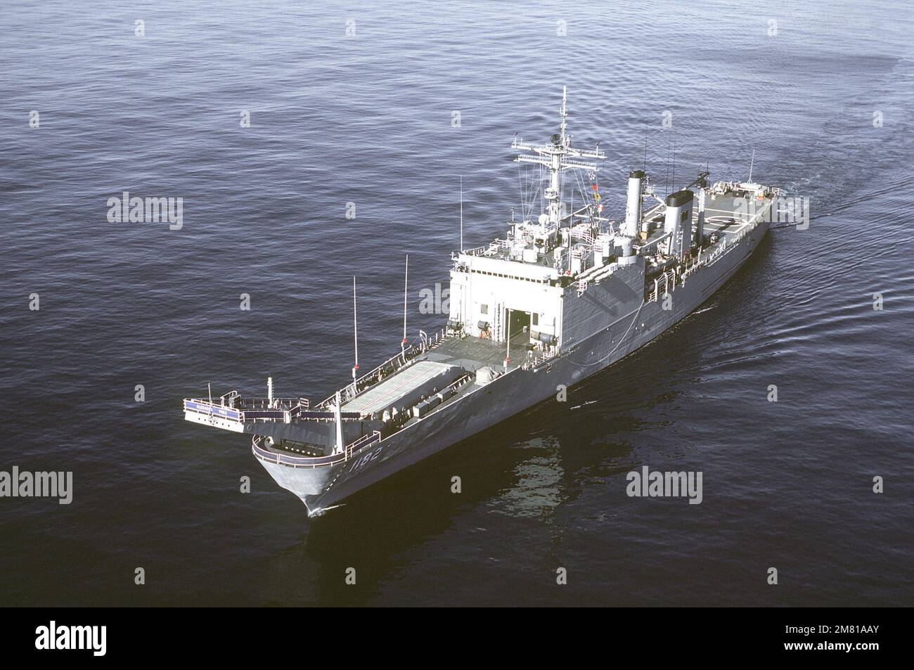 Aerial port bow view of the Newport class tank landing ship USS FRESNO ...