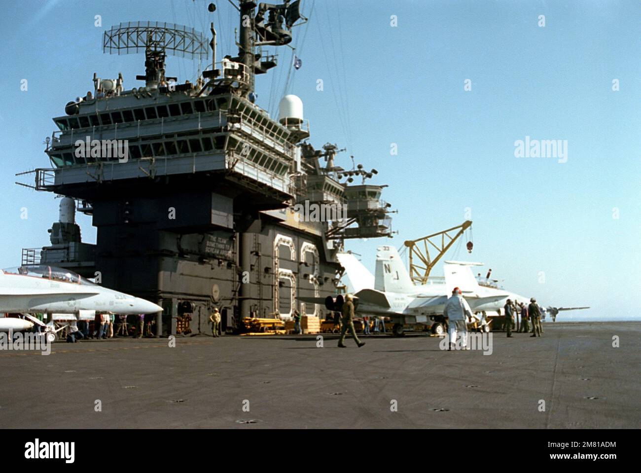 A view of the island structure aboard the aircraft carrier USS KITTY ...