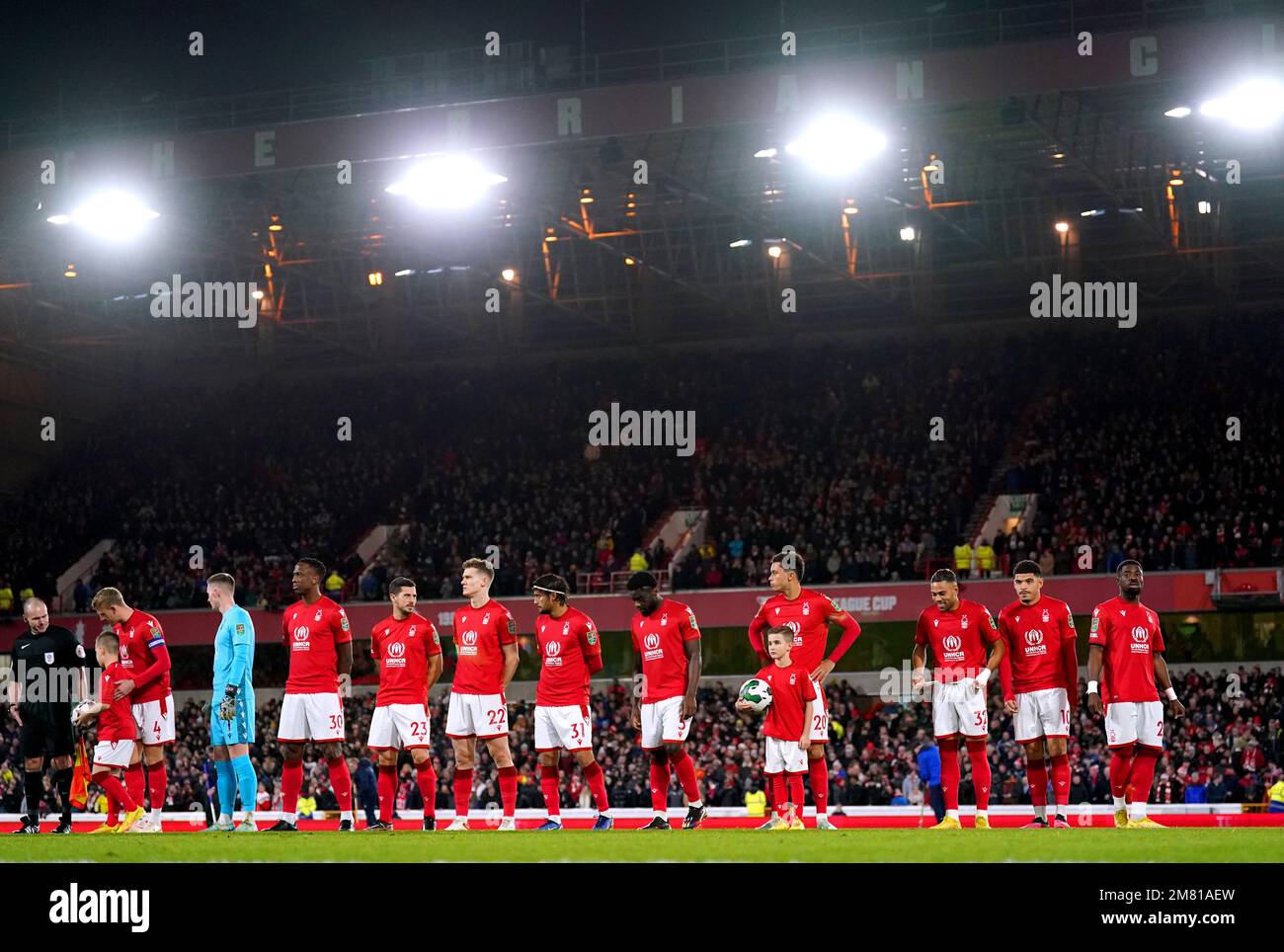 Nottingham Forest players line up on the pitch ahead of the Carabao Cup ...