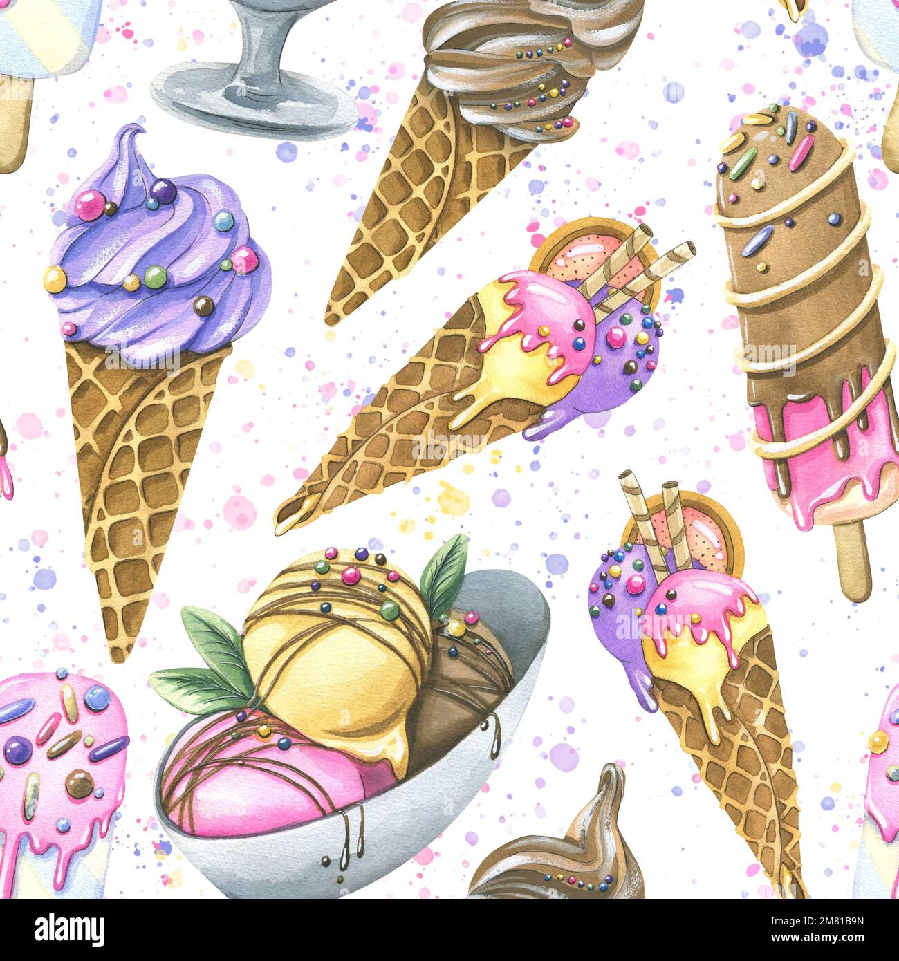 Various ice cream in waffle cones, popsicles, balls with confectionery ...
