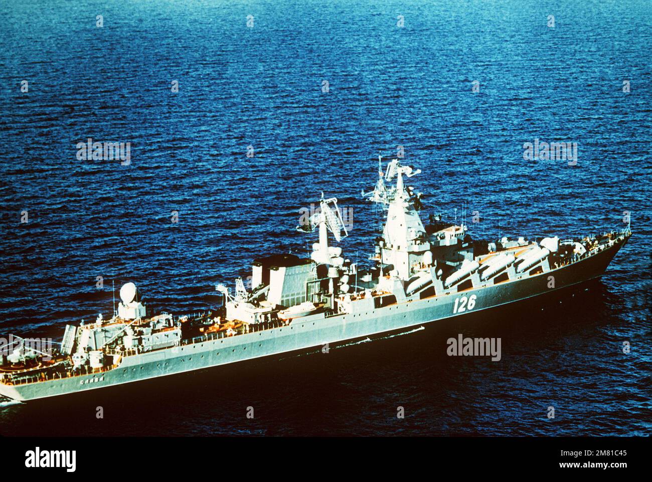 A starboard quarter view of the Soviet guided missile cruiser Slava ...