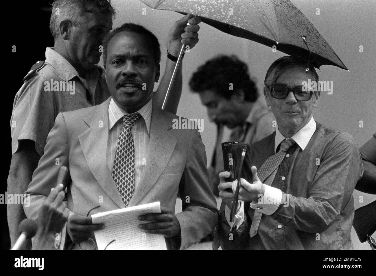 Governor-General Sir Paul Scoon speaks to members of the media after ...