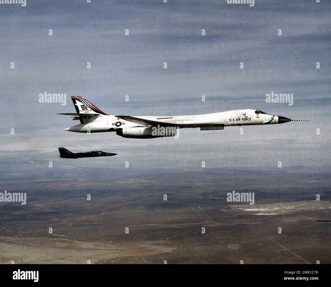 An air-to-air right side view of the B-1B test program aircraft being ...