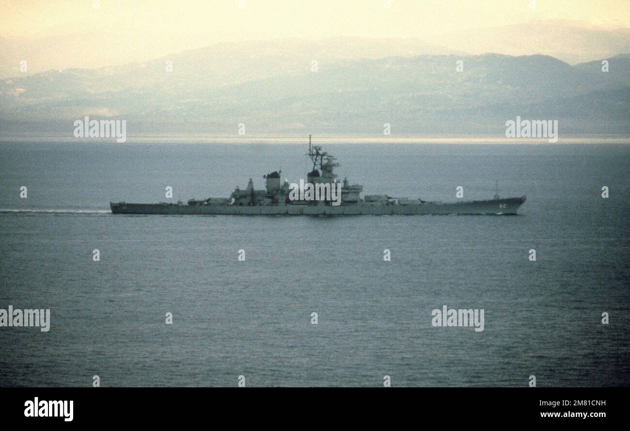 A starboard beam view of the battleship USS NEW JERSEY (BB 62) underway ...