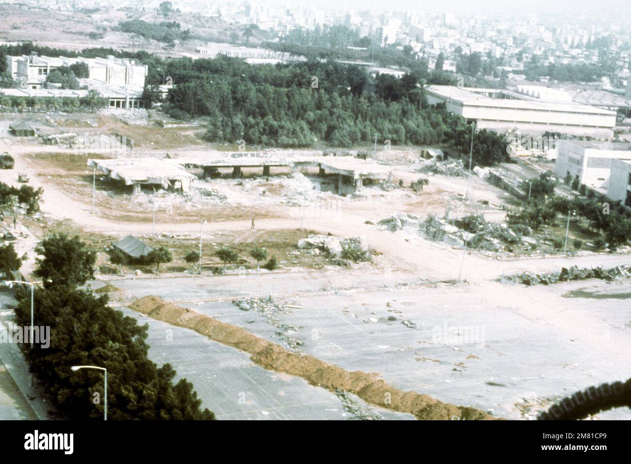 An aerial view of the remains of the Marine battalion Landing Team ...