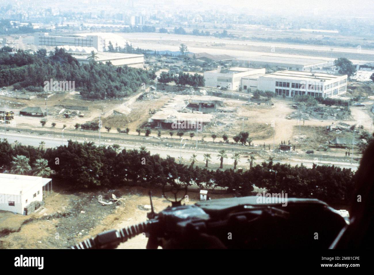 An aerial view of the remains of the Marine battalion Landing Team ...