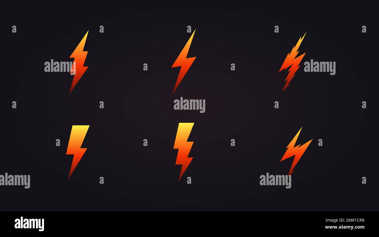 Lightning icon set. Cartoon orange lightening, bolt logo template, energy electricity symbol ...
