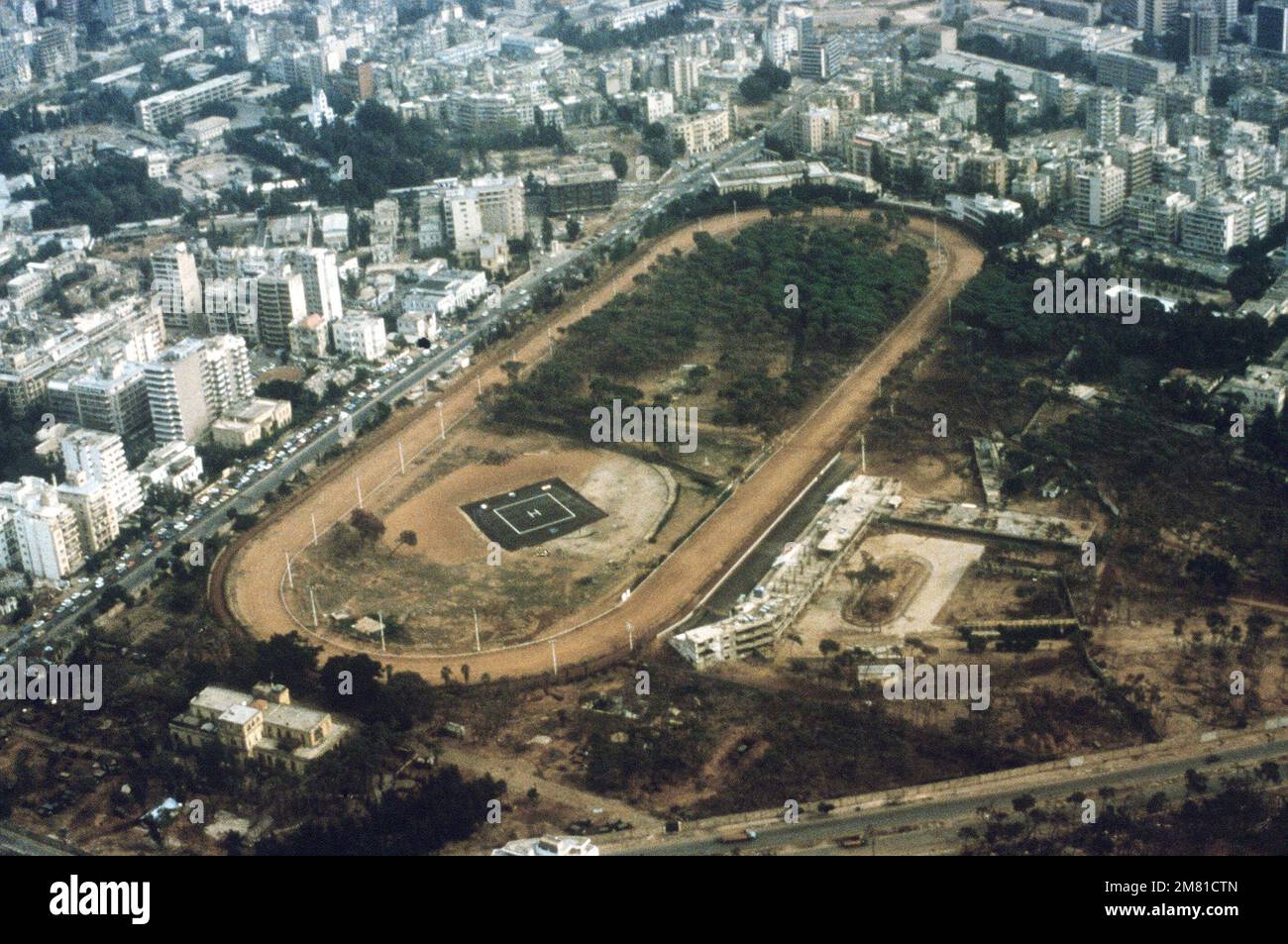 An aerial view of the racetrack and French compound in use during a ...