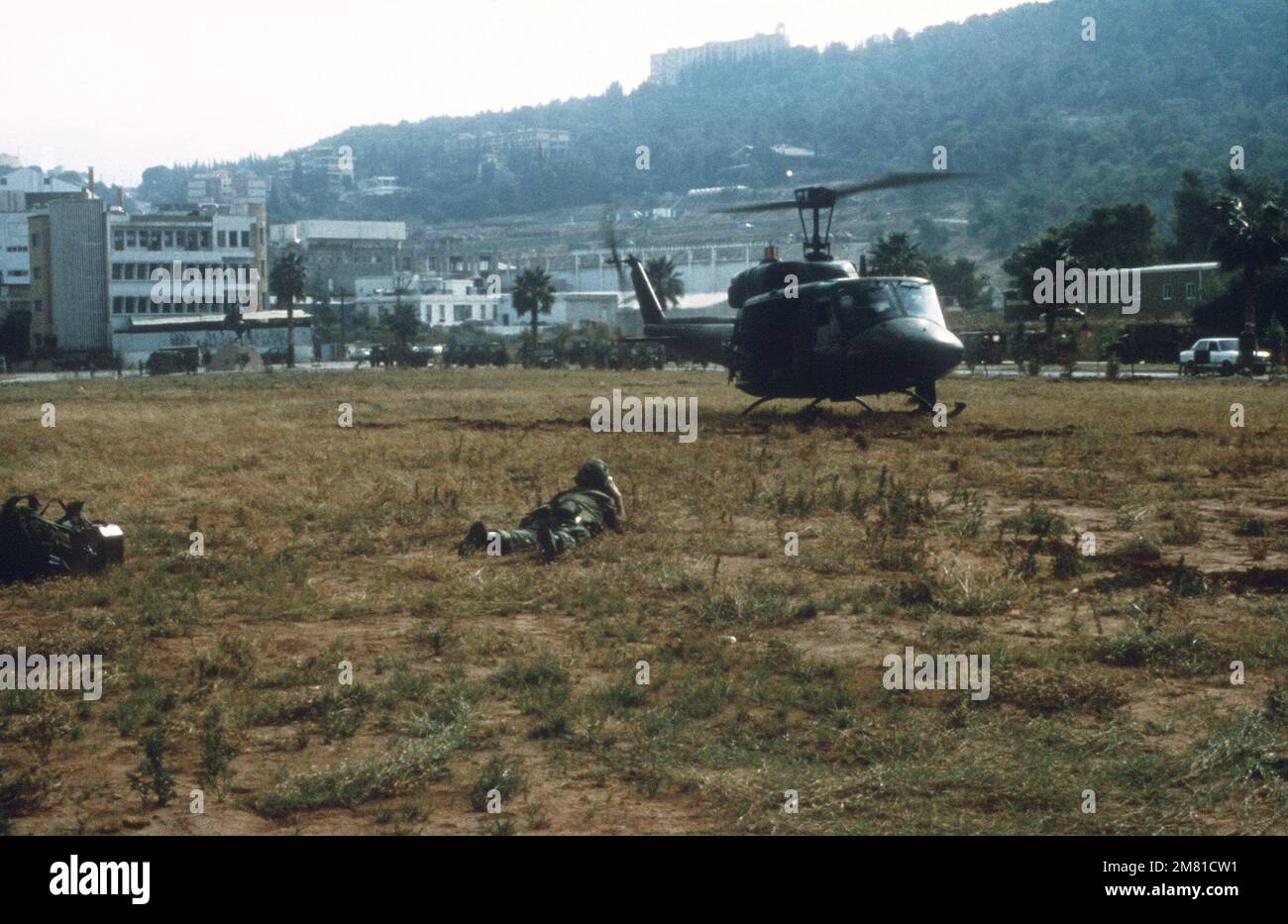 A right front view of a UH-1 Iroquois helicopter at Landing Zone Ross ...