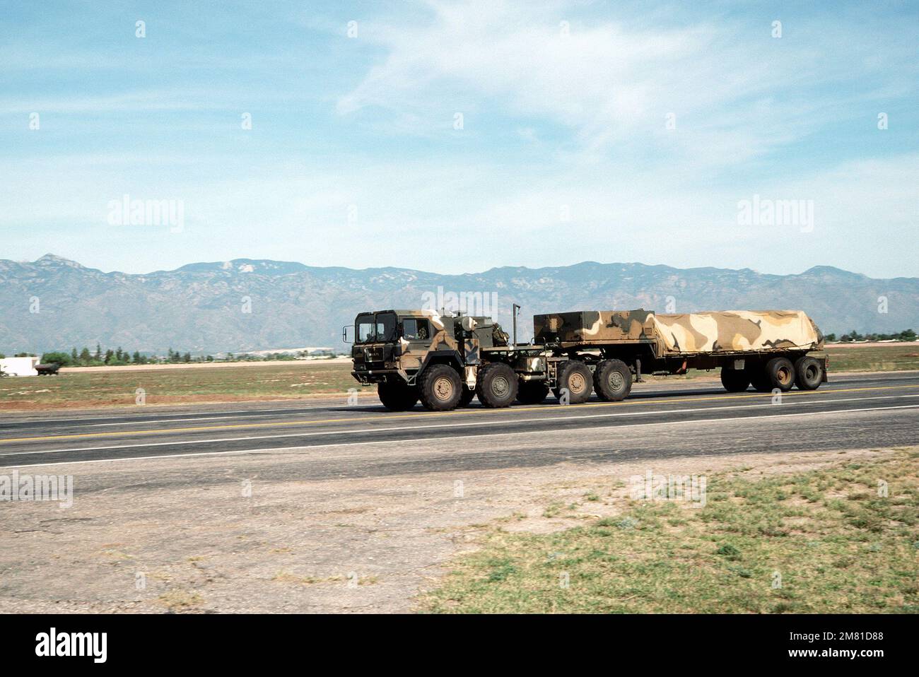 A left front view of a Ground Launch Cruise Missile (GLCM) transporter ...