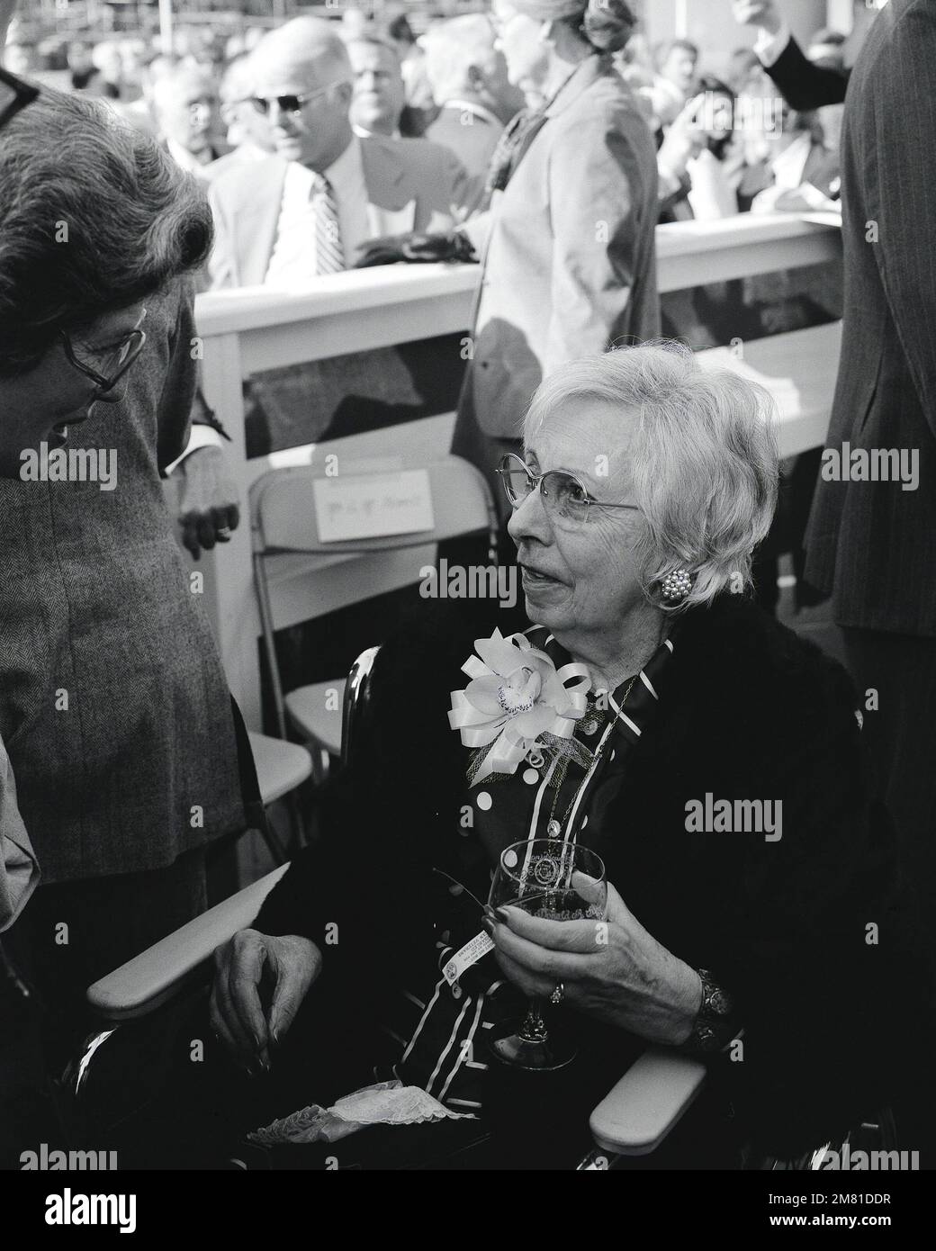 Mrs. Donald A. Gary, sponsor, relaxes during the launching ceremony for ...