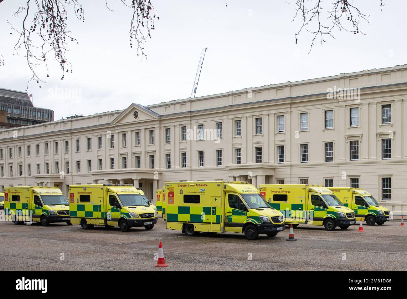 London, UK. 11 January, 2023. Ambulances are pictured lined up outside ...