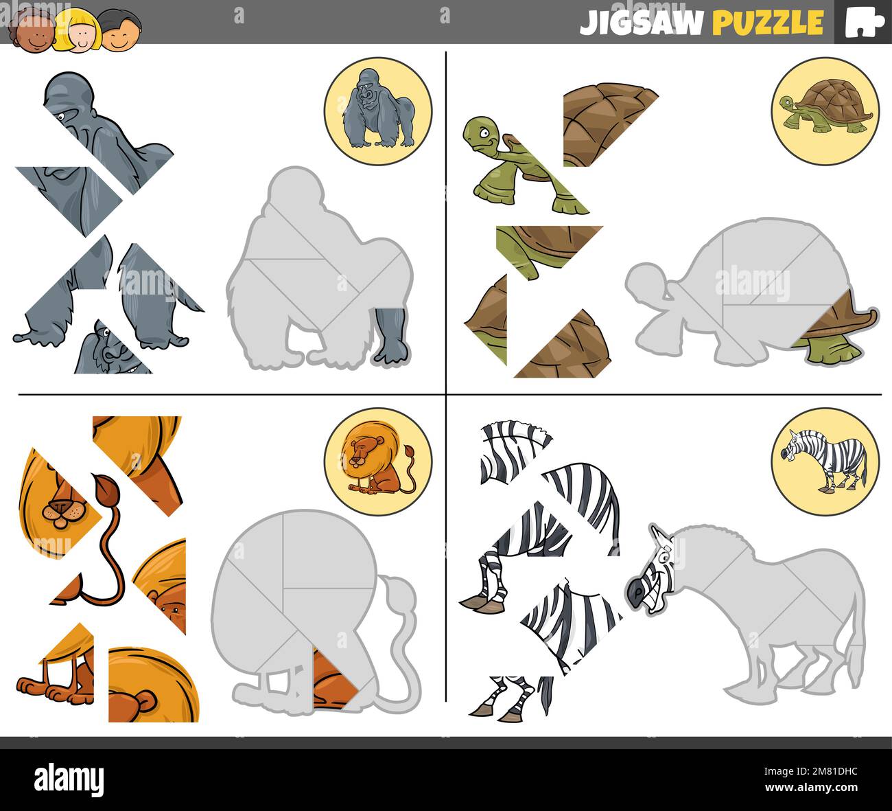 Cartoon illustration of educational jigsaw puzzle games set with funny ...