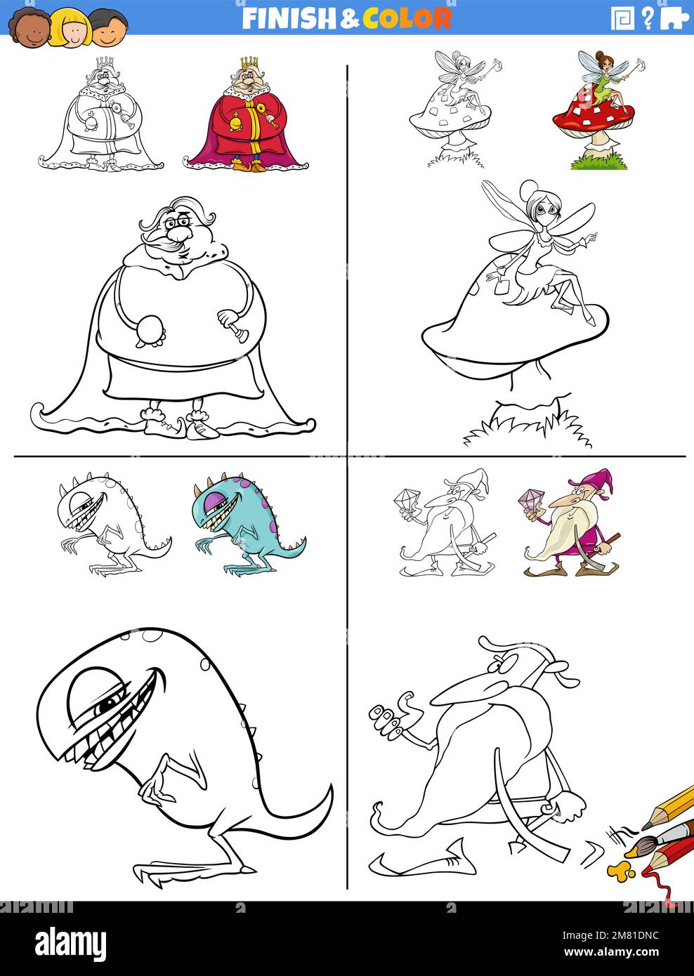 Cartoon illustration of drawing and coloring educational activity for ...