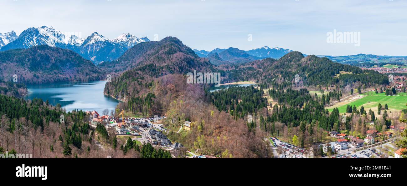 A panoramic view of Schwangau village from Neuschwanstein Castle in ...