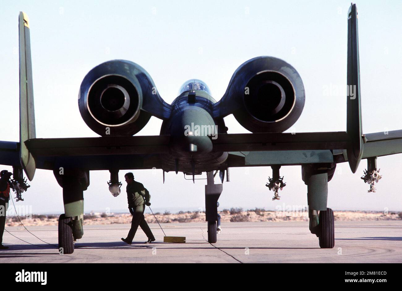 A rear view of an A-10 Thunderbolt II aircraft. The wheel chock is ...