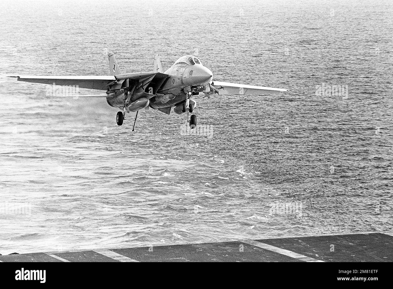 An F-14 Tomcat aircraft lands on the flight deck of the aircraft ...
