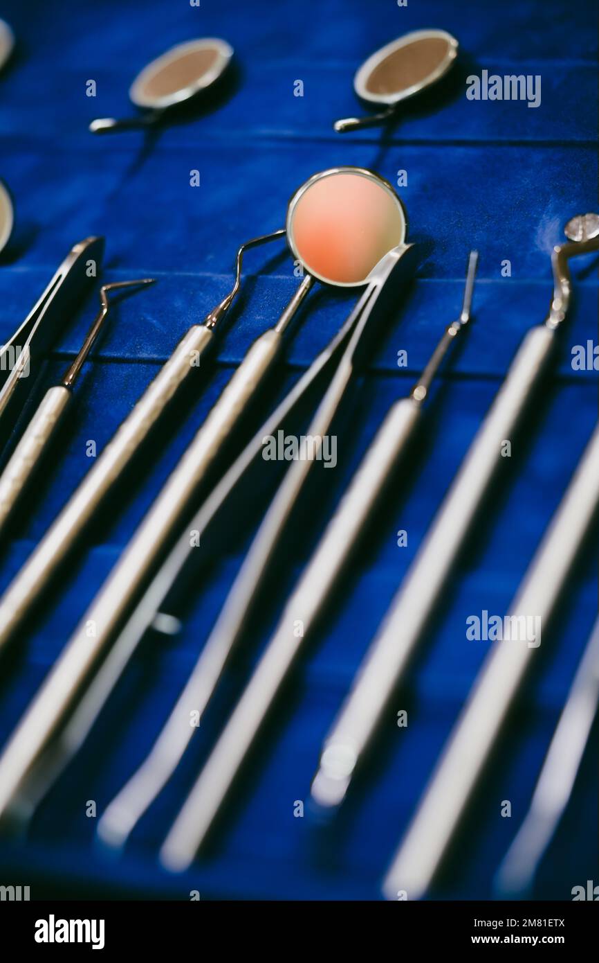 Close up shot of a collection of dental medical equipment tools Stock ...